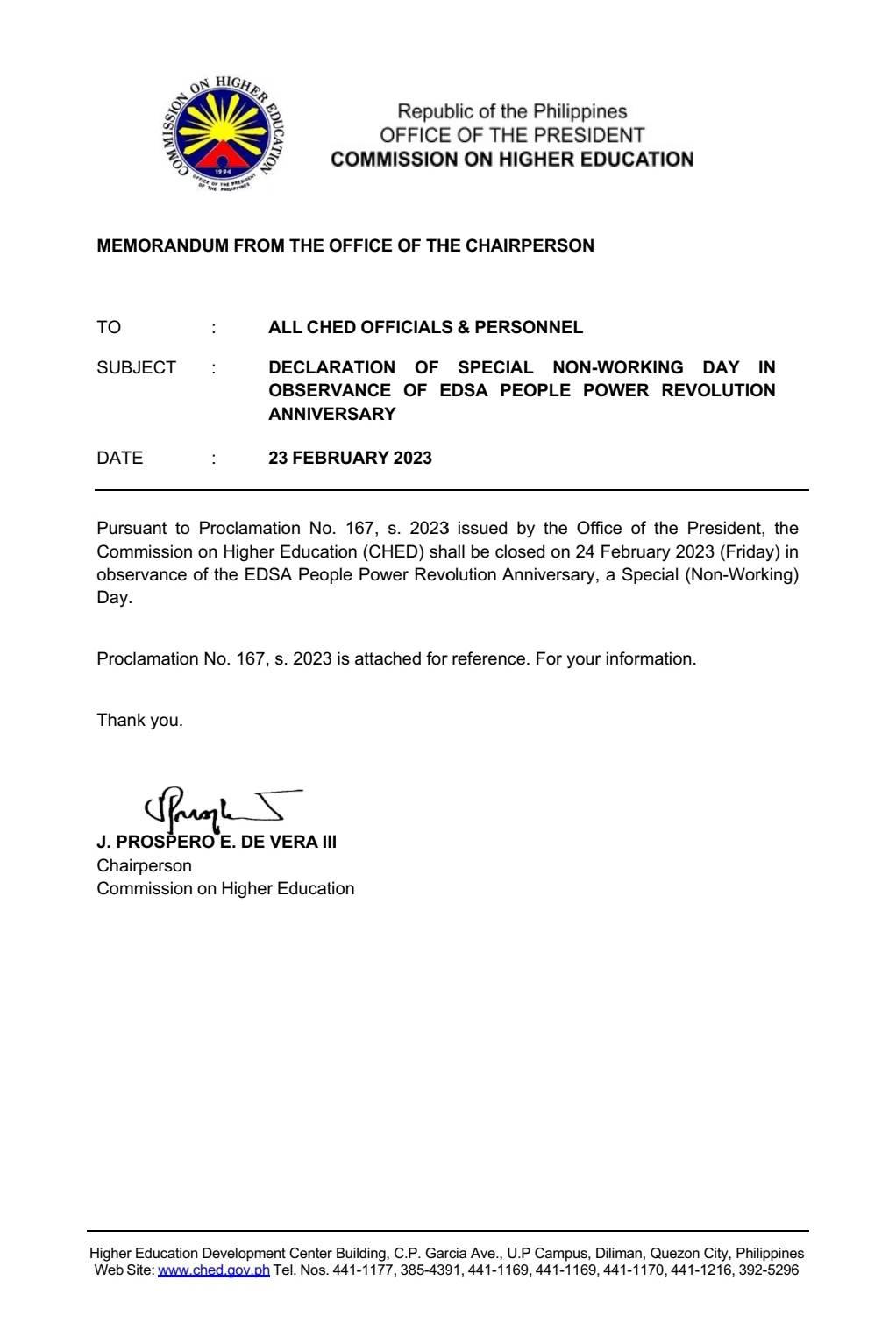 DECLARATION OF SPECIAL NON WORKING DAY IN OBSERVANCE OF EDSA PEOPLE declaration-of-special-non-working-day-in-observance-of-edsa-people